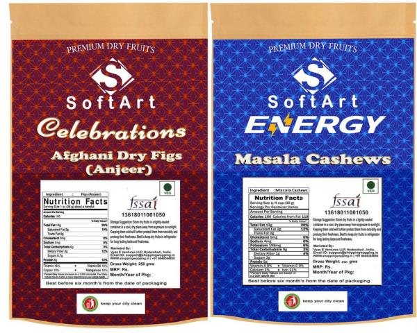 SoftArt Dry Fruits Combo Of Dry Figs (Anjeer) & Masala Cashew (Kaju) - (Pack of 2, 250 g Each ...