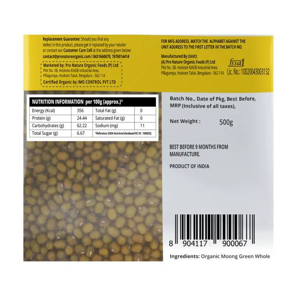 Pro Nature Organic 100% Organic Moong Green Whole 500g| Unpolished ...