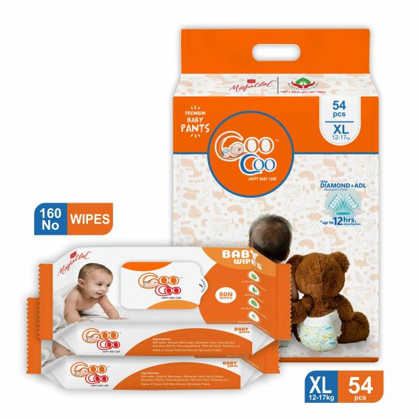 Coo Coo Extra Large Size Diaper Pants (54 Count) & Baby wipes (160 ...