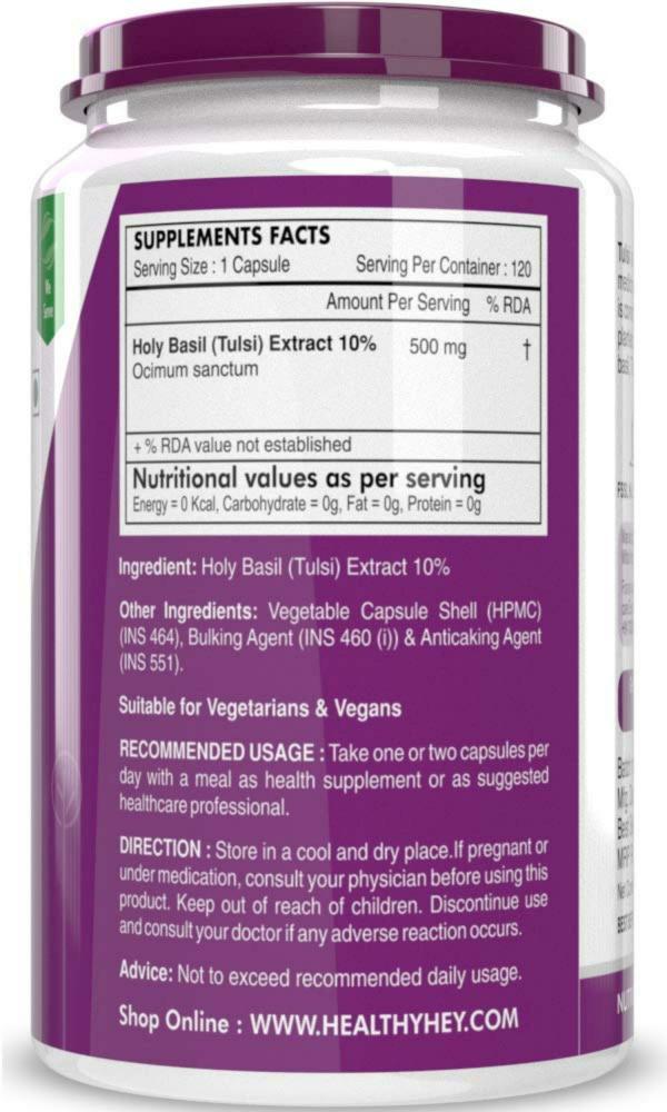HealthyHey Nutrition Holy Basil/Tulsi Extract Supplement 120 Capsules ...