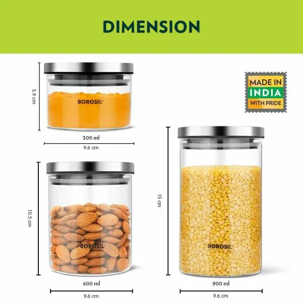 Borosil Classic Glass Jar, Air-Tight Storage Container, Set of 3 (300 ...