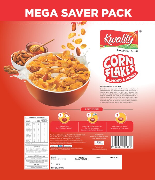 KWALITY Corn Flakes with Almond & Honey - Made with Golden Corns | 99% ...