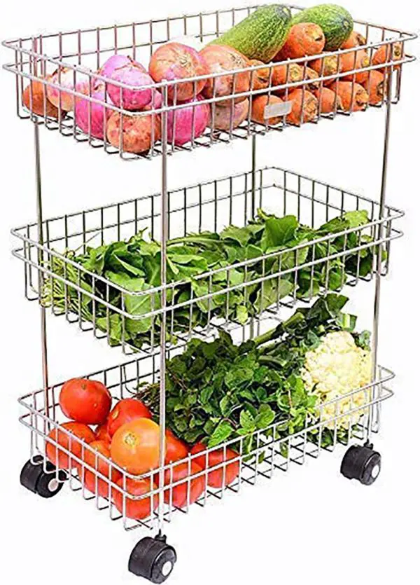 Mungat Silver Metal 3 Layer Fruit and Vegetable Stand Basket Trolley ...