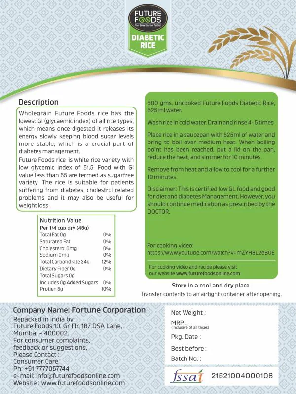 Future Foods Diabetic Rice - 500 gram, Low GI Rice, Diabetic Friendly ...