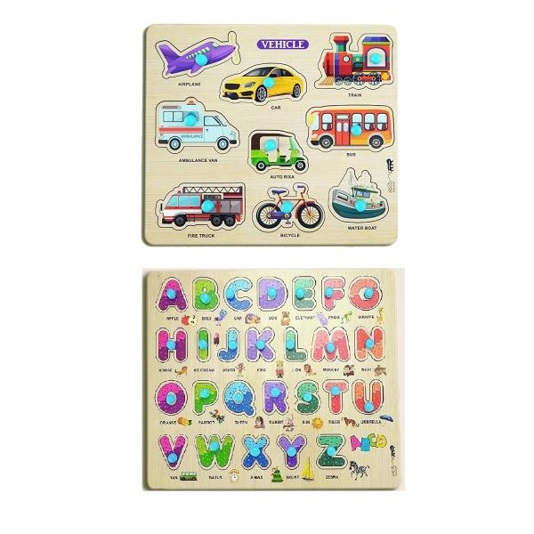 GrestBig Wooden ABCD and Vehicles Puzzle with Knobs, Educational and ...
