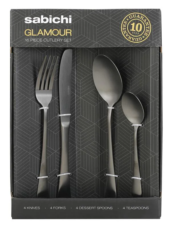 Sabichi Glamour Stainless Steel Matt Black Set of 16 Pieces Cutlery Set ...