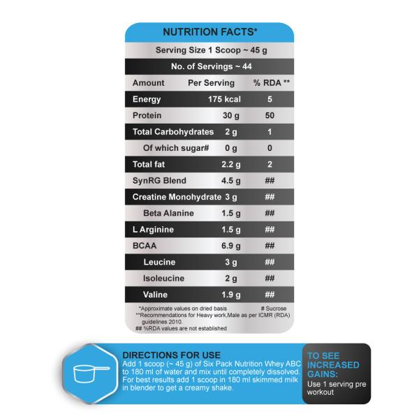 Six Pack Nutrition Double Chocolate Flavour Whey ABC Protein Powder 2 ...