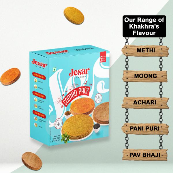 Jesar Khakhra Namkeen Snacks Combo Pack Methi, Moong, Achari, Panipuri, Pav Bhaji (200gx5) 1kg ...
