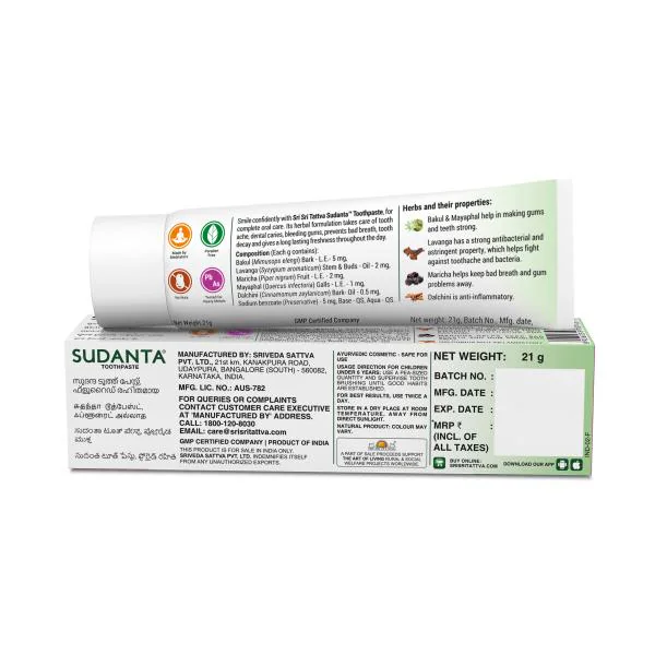 Sri Sri Tattva Sudanta Toothpaste - Non - Fluoride - 100% Vegetarian ...
