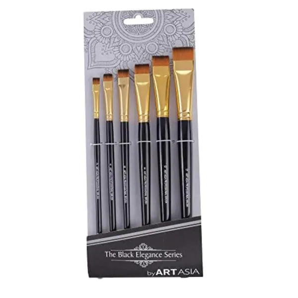 FRKB Short Hair Flat Synthetic Painting Brush Set of 6pc for Watercolor,Acrylic & One Stroke ...