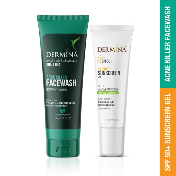 DERMINA Acne Killer Vitamin E Facewash with SPF50+ Silicone Sunscreen ...