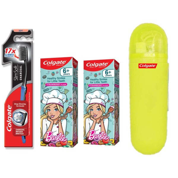 SlimSoft Charcoal Soft Toothbrush+Kid's Barbie Toothpaste-Strawberry 80gx2+Toothbrush Container ...