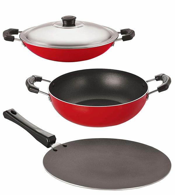 Nirlon Red Non-Stick Cookware set with Lid 3 pcs ,2.6mm-ct-kd14-chatti ...