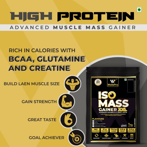 WellsPro ISO MASS XXL Mass / Weight Gainer Double Rich Chocolate Whey ...