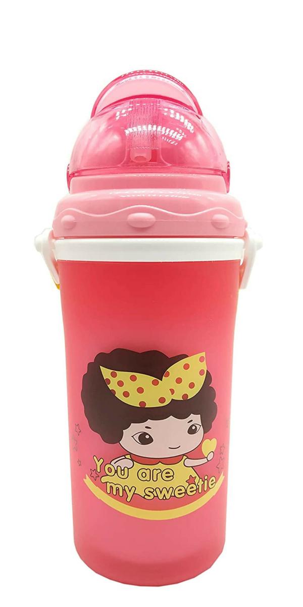 Te Quiti Pink Plastic BPA Free Non-Toxic Cute Design Water Bottle With Sipper For Kids Girls and ...