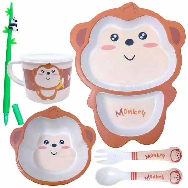 Toyshine 5 Piece Mealtime Bamboo Dinnerware for Kids, Toddler, Plate and Bowl Set- Monkey Model ...
