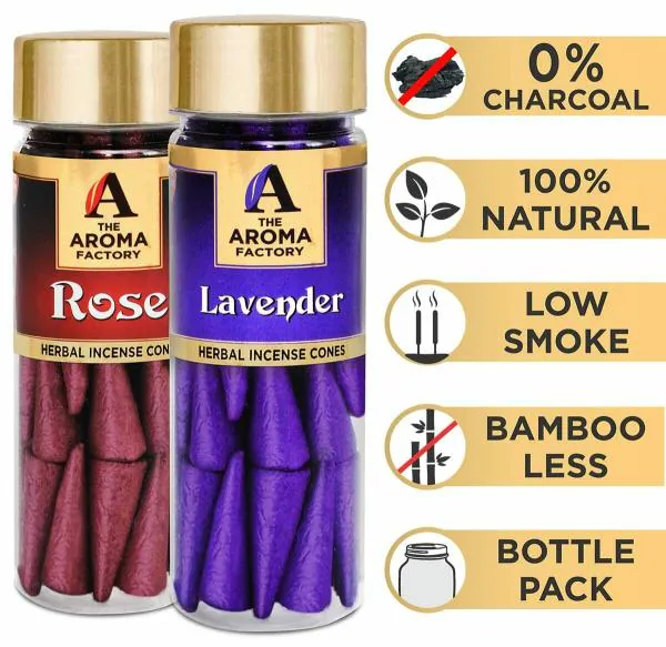 The Aroma Factory Incense Dhoop Cone for Pooja, Rose & Lavender (100% Herbal) 2 Bottles x 30 ...