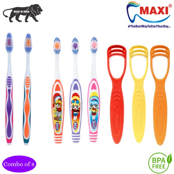 MAXI Oral Care Combo of 8-(2 Adults) Candy Soft Toothbrush & (3 Kids ...