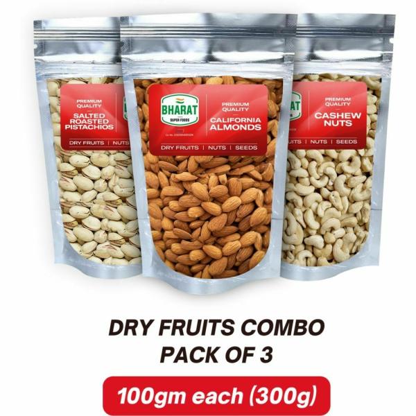 Bharat Super Foods Dry Fruit Combo - Almonds, Cashews and Roasted Salted Pistachios (100gm each ...
