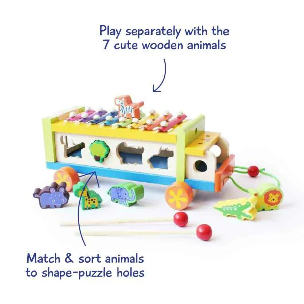 Shumee Multicolor Wooden 3 In 1 Pull Along Musical Animal Shape Sorting ...