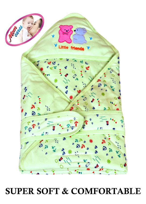 MOM CARES Green Cotton Baby Wrapper with Hood 30 inch x 30 inch - JioMart
