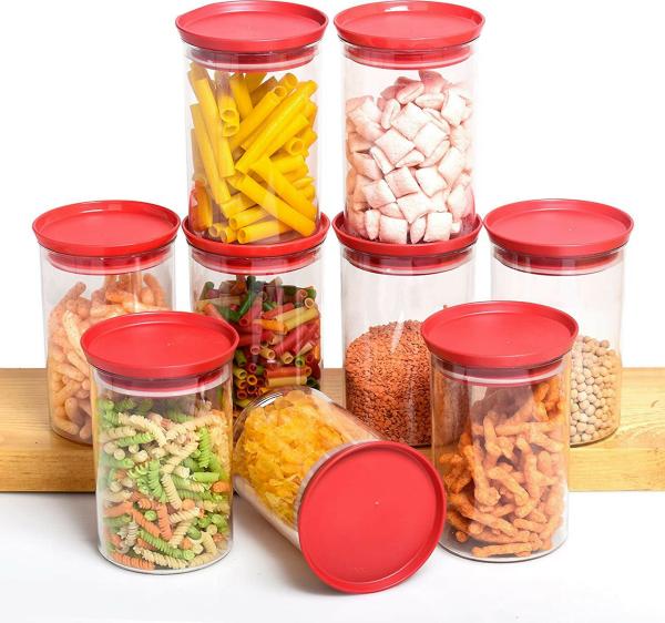 HELONIX Red Plastic Round Airtight Container Set 900 ml (Pack of 4 ...