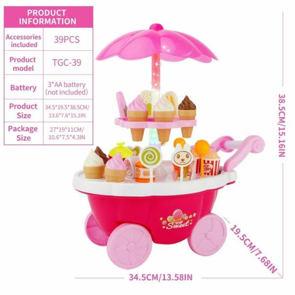 AMBEWORLD Ice Cream Candy Trolley Cart Pretend Play Set with Music and ...