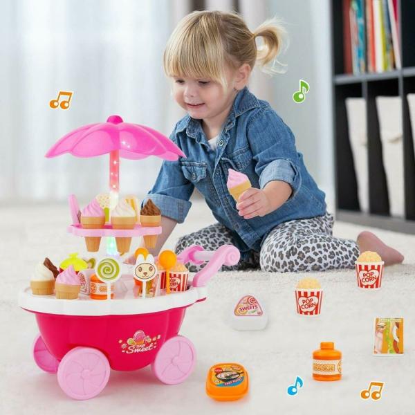 AMBEWORLD Ice Cream Candy Trolley Cart Pretend Play Set with Music and ...