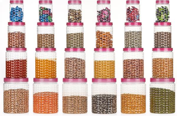 SELECTOR Pink Plastic Checkers Canister Pet Jars Grocery Container Set ...