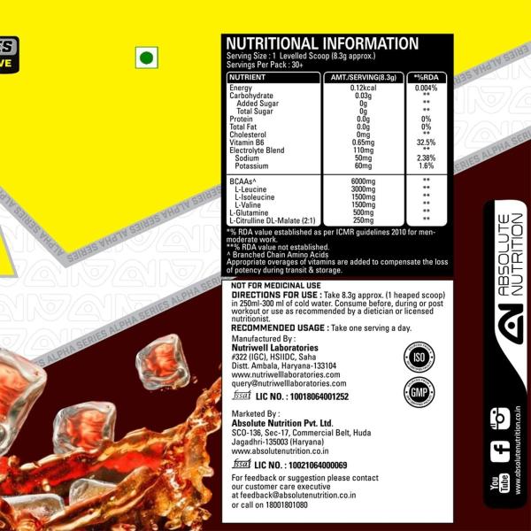 ABSOLUTE NUTRITION Alpha Series BCAA Hydration Drink (250 g, Cola ...