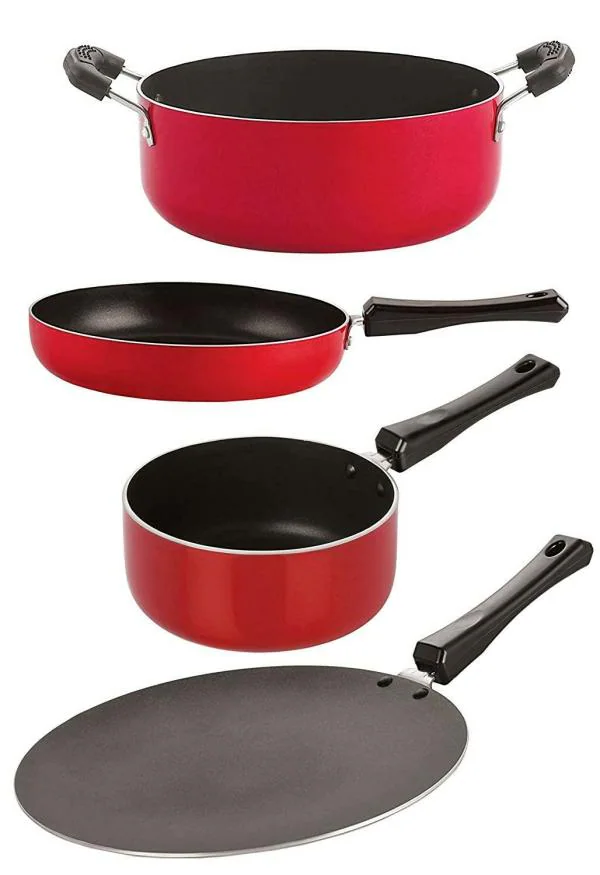 Nirlon 4 pcs of Red, Black 3 Layer Non-stick Aluminium Coated Pots and ...
