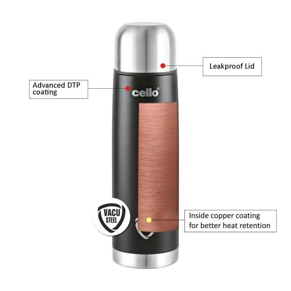 Cello Duro Tuff Steel Series- Flip Double Walled Stainless Steel Water Bottle with Durable DTP ...