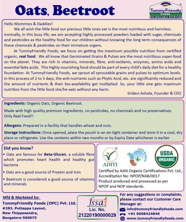 TummyFriendly Foods USDA Certified 100% Organic Oats, Beetroot Porridge ...