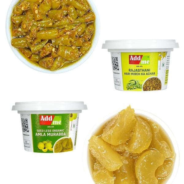 Add Me combo pack of Dry Mango Pickle | Sweet Mango Chutney | Rajasthani Hari Mirch ka achar ...