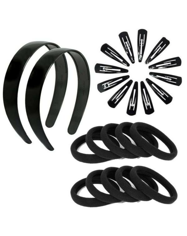 LYTIX Black Synthetic Plain Hair Band, 12 Rubber Band and 12 Metal Tic ...