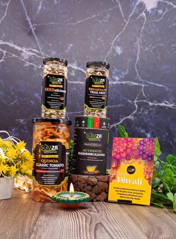 Slimza Diwali Hamper of Kashmiri Kahwa, Quinoa Chips, Trail Mix, Seed ...