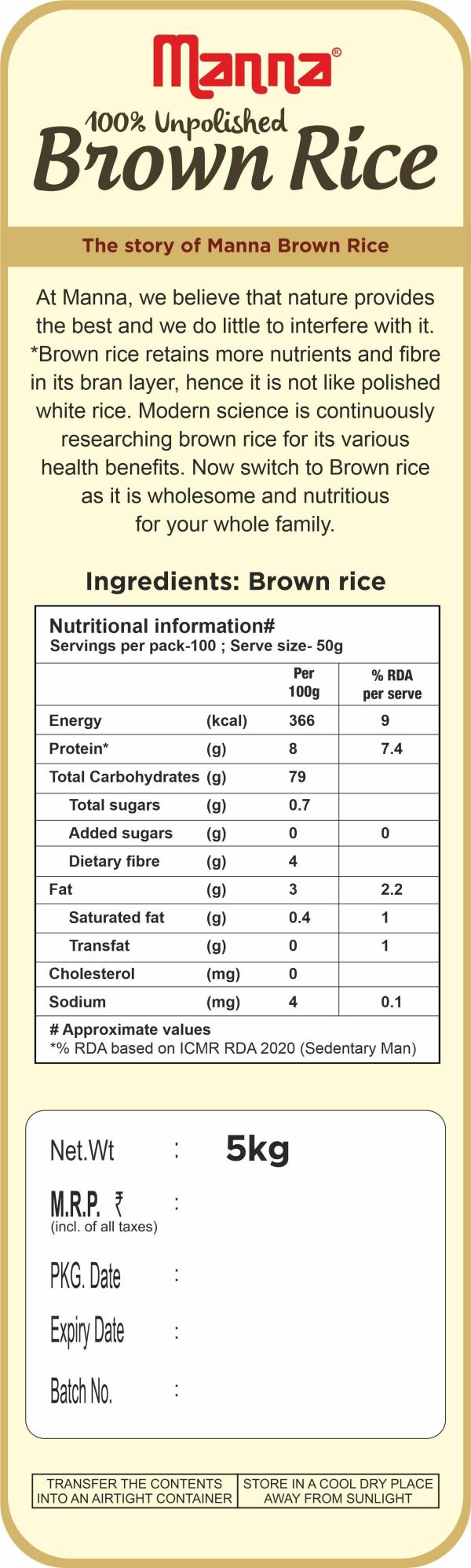 Manna Brown Rice 5kg | Unpolished |100% Natural | Naturally Low GI ...