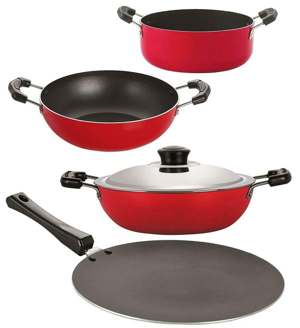 Nirlon 4 pcs of Red and Black Non-stick Aluminium Kitchenware Cooking ...