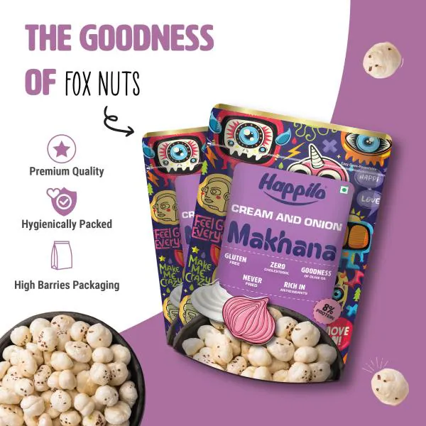 Happilo Premium Super Snack Makhana Cream & Onion 60g, Roasted Foxnut ...