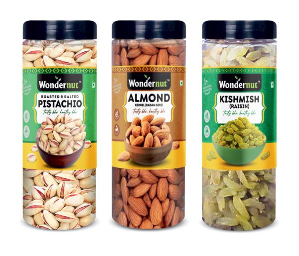 Wondernut Natural Pistachios, Almonds, Raisins 750gm (250gm Pack of 3 ...