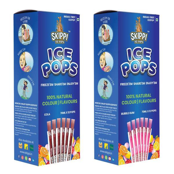 Skippi Icepops 100% Natural Ice Pops Bubble Gum & Cola Flavors (12+12 ...
