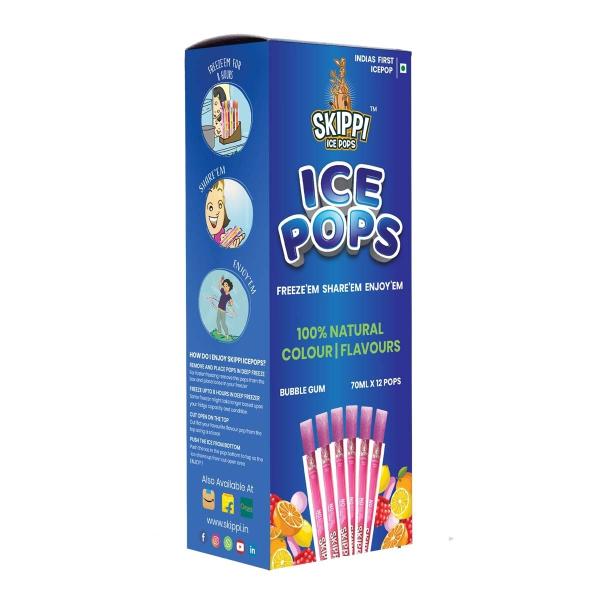 Skippi Icepops 100% Natural Ice Popsicles- BUBBLEGUM FLAVOR (12 x 70 ml ...