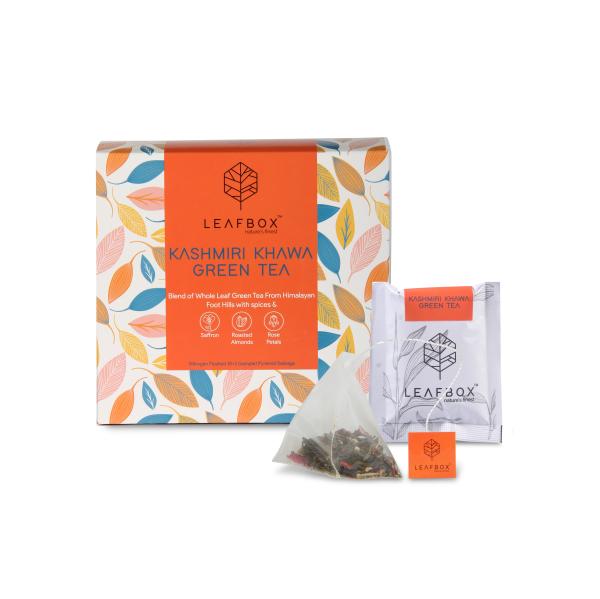 LEAFBOX Kashmiri Kahwa Green Tea | Whole Leaf | 20 Nitrogen Flushed Pyramid Tea Bags| 18+2 Free ...