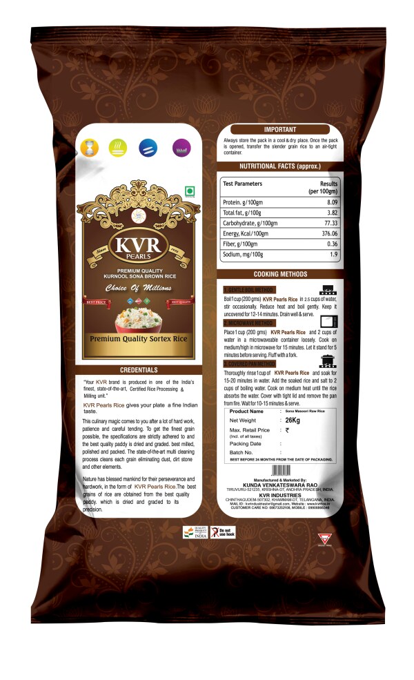 KVR Pearl | 26 Kg | Sona Masoori | Brown Rice - JioMart