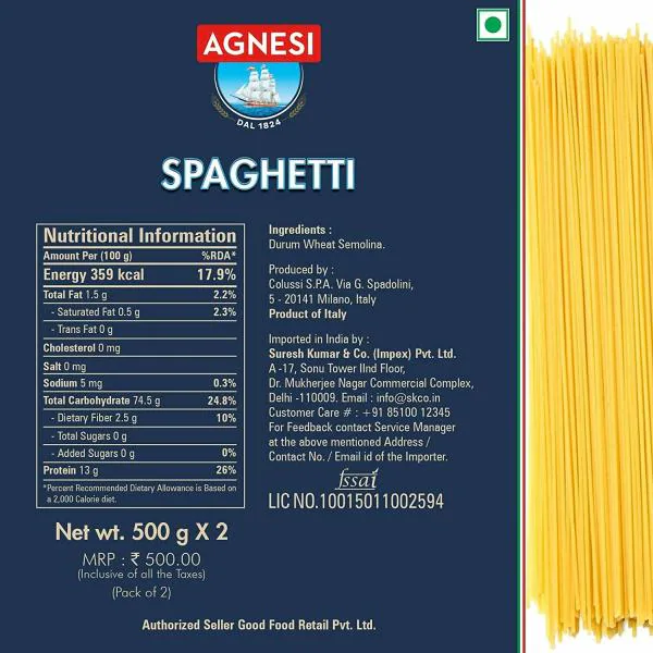 Agnesi Spaghetti Pasta 500g, Pack of 2, Product of Italy - JioMart