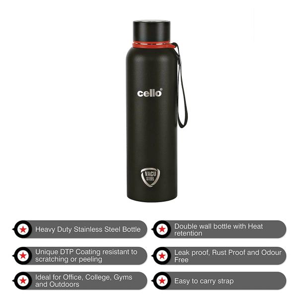 Cello Duro Tuff Steel Series- Kent Double Walled Stainless Steel Water Bottle with Durable DTP ...