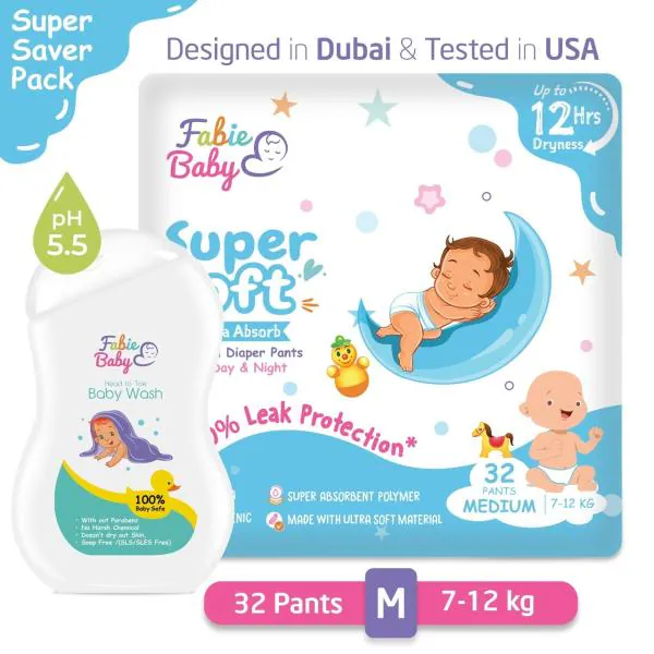 FABIE BABY Medium Diaper Tested In USA (32Pcs) & FABIE BABY Baby Wash ...