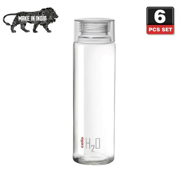 Cello H2O Glass Fridge Water Bottle with Plastic Cap, Set of 6, 920ml ...