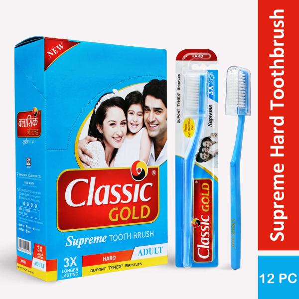 Classic Gold New Supreme Hard Toothbrushes Pack Of 12 With Anti ...