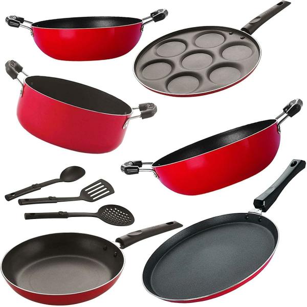 Nirlon 9 pcs of Red and Black Non-stick Aluminium Kitchen Cookware Set ...